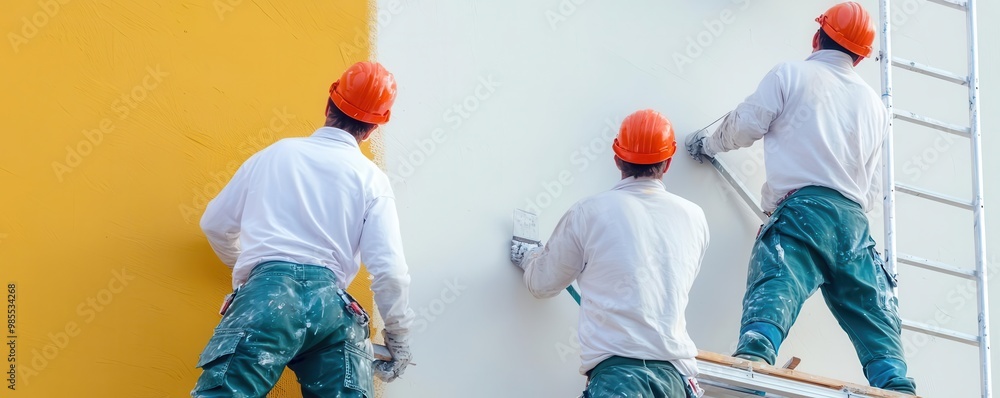 Group of painters working on scaffolding to repaint a historic building ...