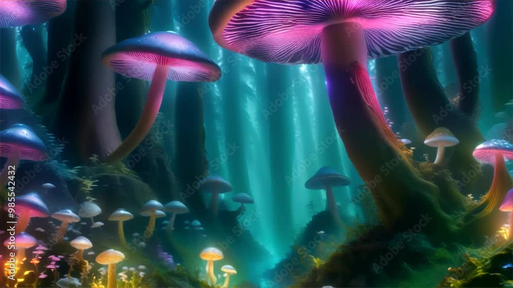 Fantasy forest background animation featuring glowing mushrooms and ...