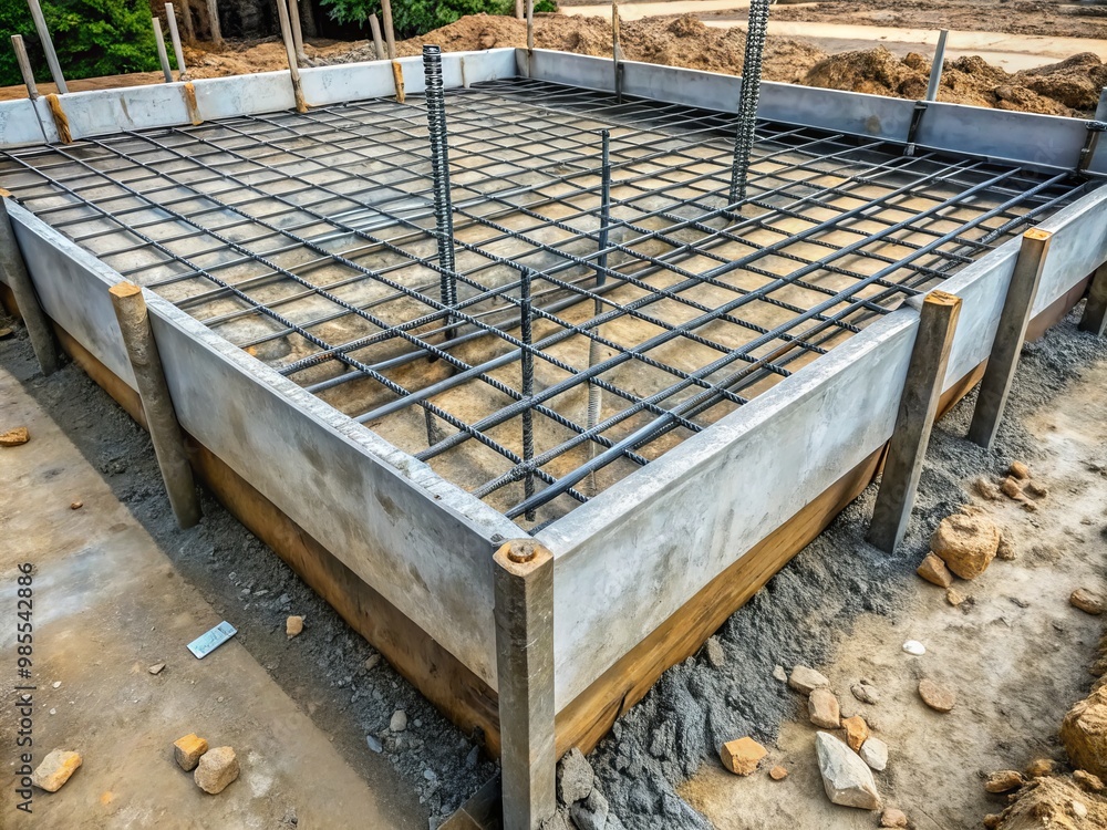 Concrete base with metal reinforcement bars for supporting a structure ...