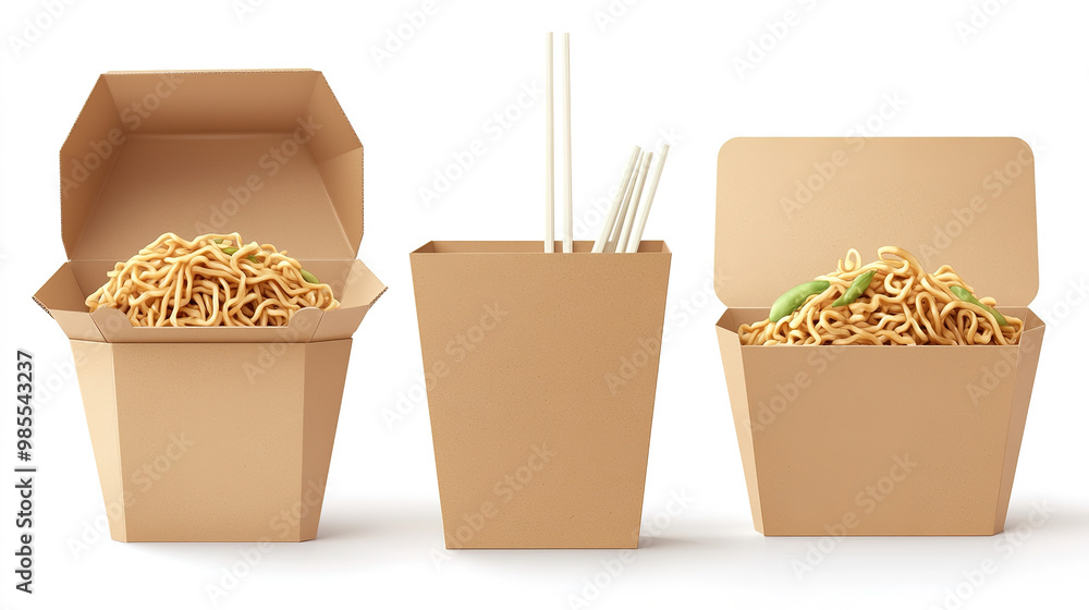 Cardboard take away box for noodle. Closed and open brown craft ...