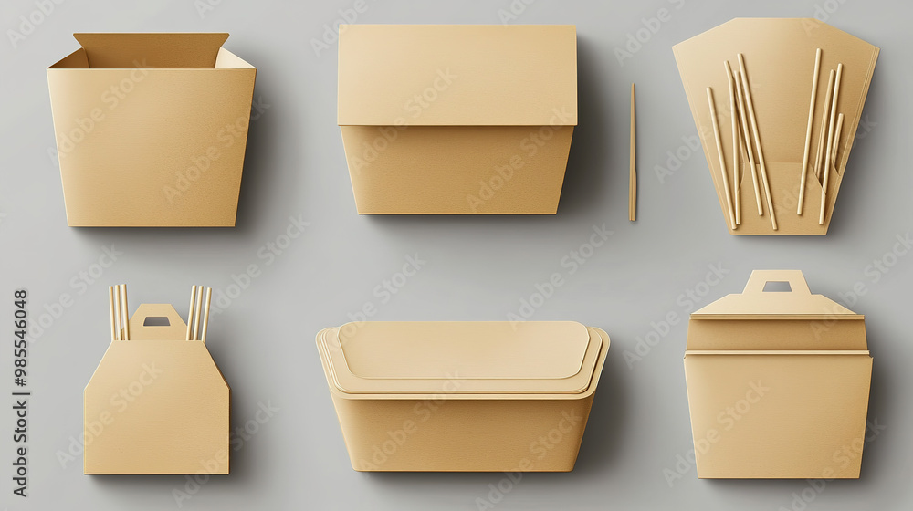 Cardboard take away box for noodle. Closed and open brown craft ...