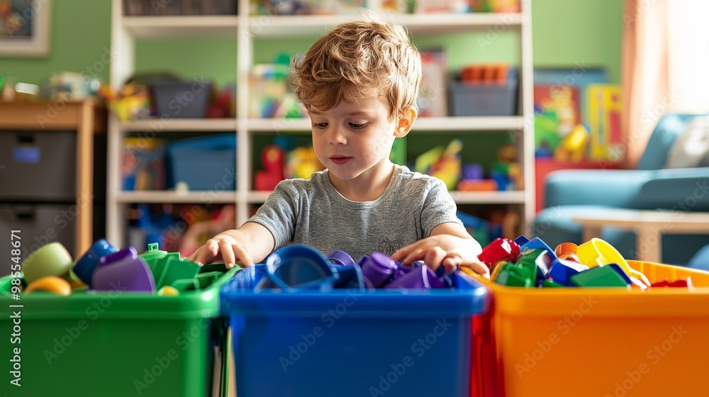 A child pretending to implement a recycling program, sorting toy waste ...