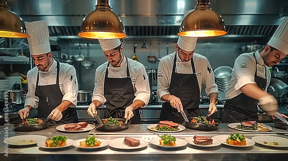 Five chefs in the kitchen, working together to create steak their white ...
