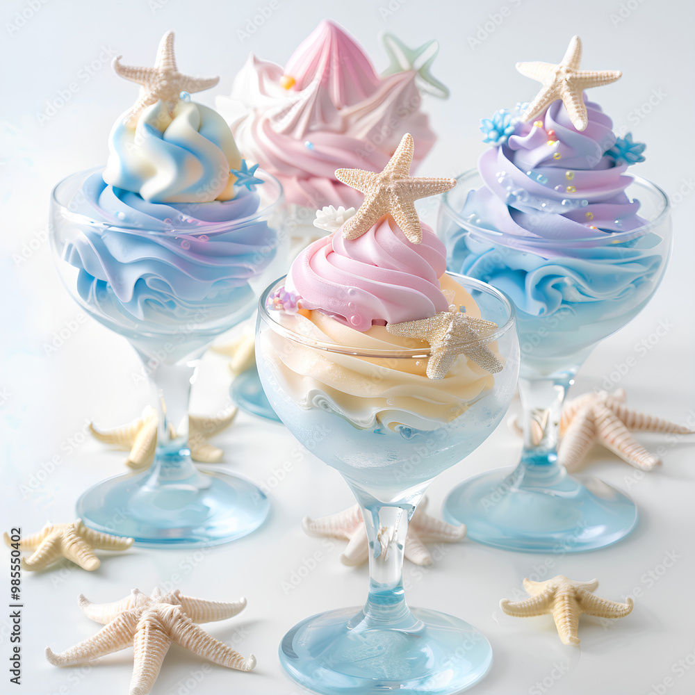 beautiful pastel blue and pink champagne glassed ice cream sundae, with ...