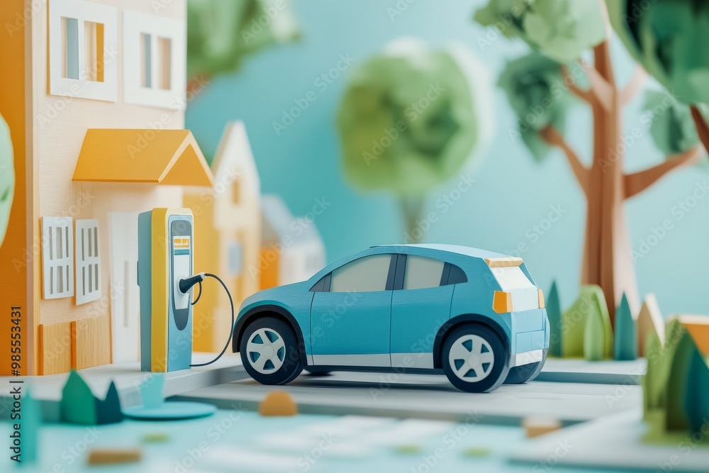 3D energy saving concept, made from paper craft,. EV car are charging ...