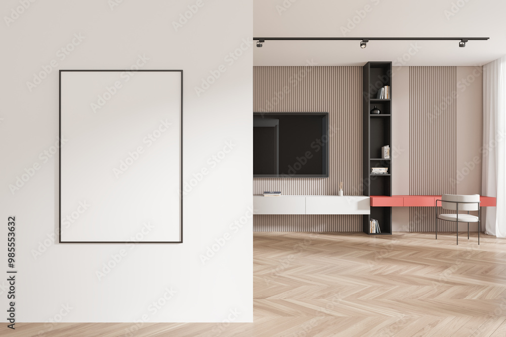 Stylish home bedroom interior with tv screen, table and window. Mock up ...