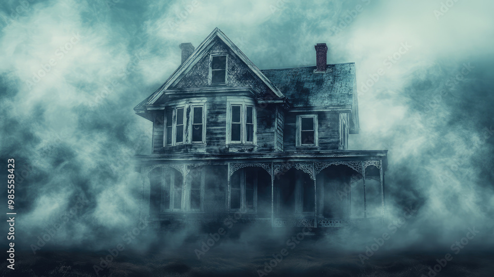 Surrounded by swirling mist, the haunted house's windows flicker with ...