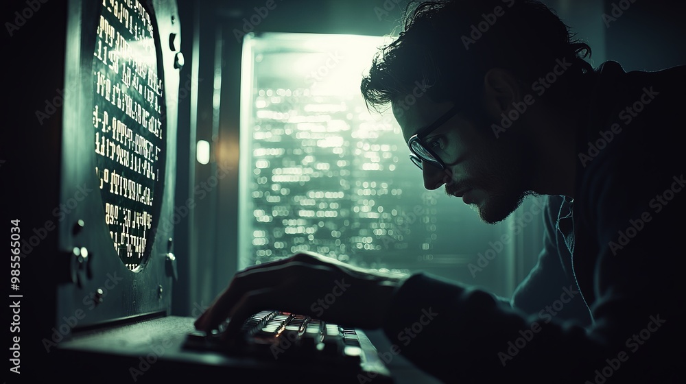 Silhouette of a hacker typing on a keyboard as binary code streams in the background ...