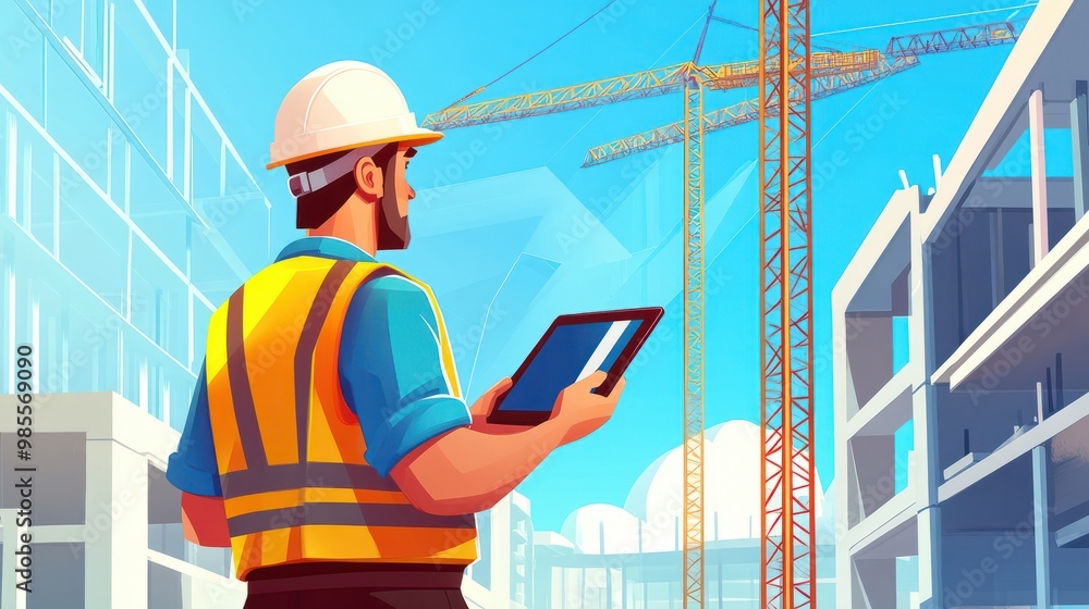 A 2D flat style civil engineer character wearing a hard hat and safety ...