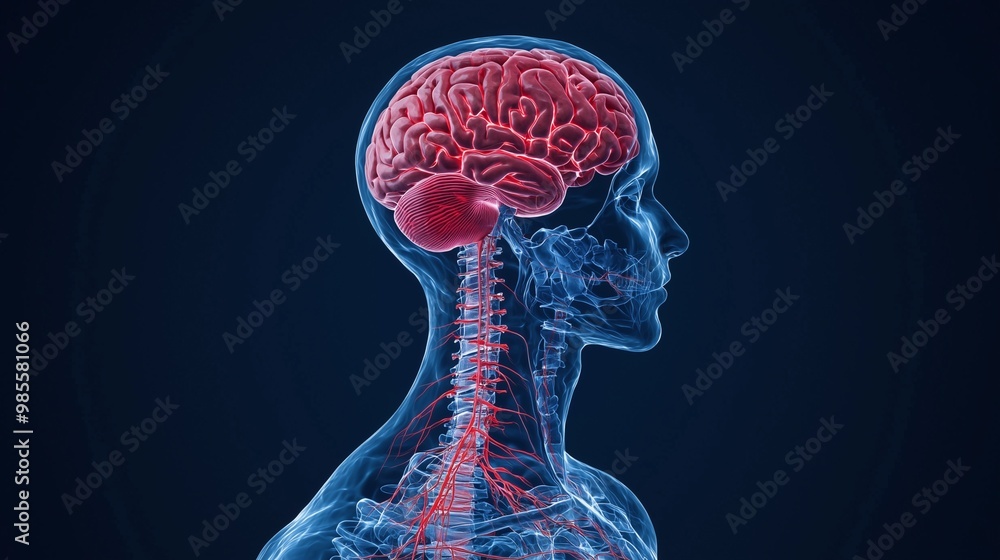 Detailed illustration of the human brain and spinal cord, showcasing ...