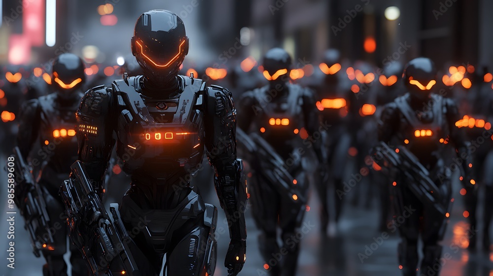 An AI-powered robot army marching through an urban setting, with ...