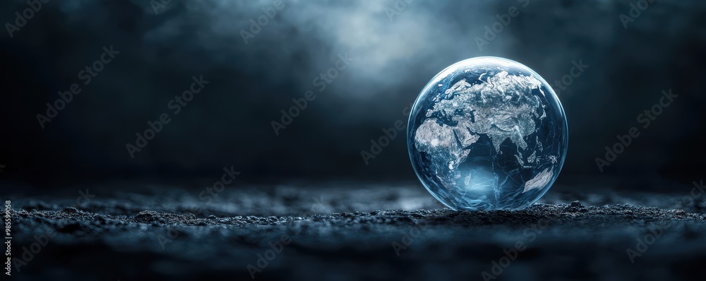 Transparent glass globe with visible continents resting on a textured ...