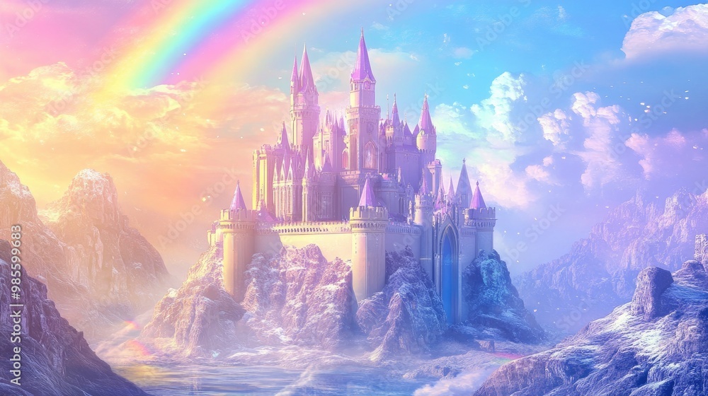 Elegant pastel castle under the sunlight, softly glowing rainbow in the ...