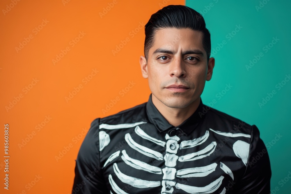 Portrait of a Hispanic man with slicked-back hair, wearing a black-and ...