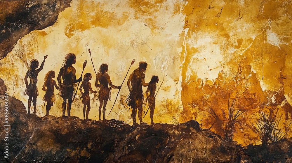 Poster Silhouettes of Prehistoric Humans with Spears Against a Golden ...