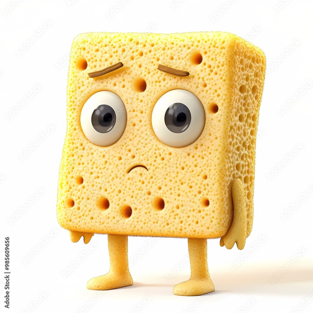 A cute cartoon sponge with a sad face big eyes, little arms and legs ...