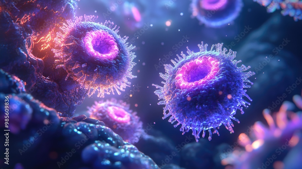 A digital animation showing cell division (mitosis), with cells ...