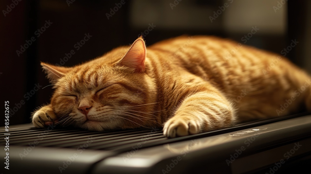 A fat cat lazily laying down on a treadmill that slowly moving, its ...