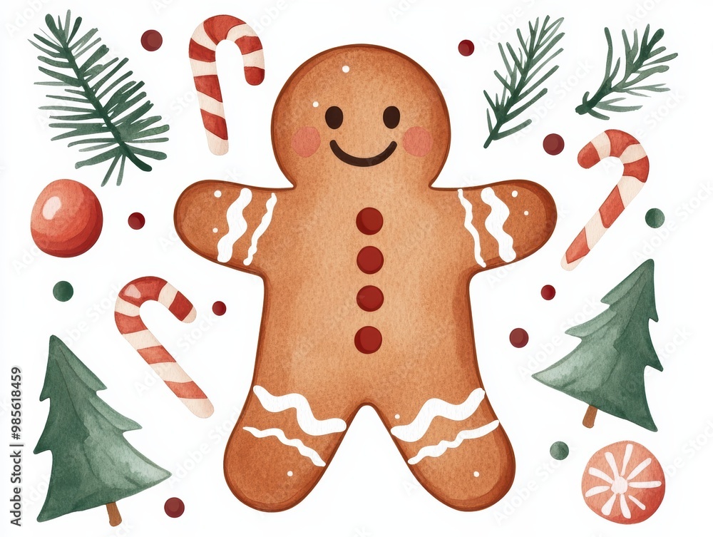 Watercolor gingerbread man with holiday candy and Christmas trees Stock ...