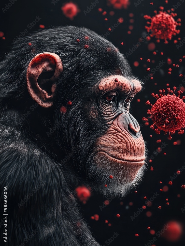 Chimpanzee facing red monkeypox virus particles, mpox outbreak visualization, primate and viral ...