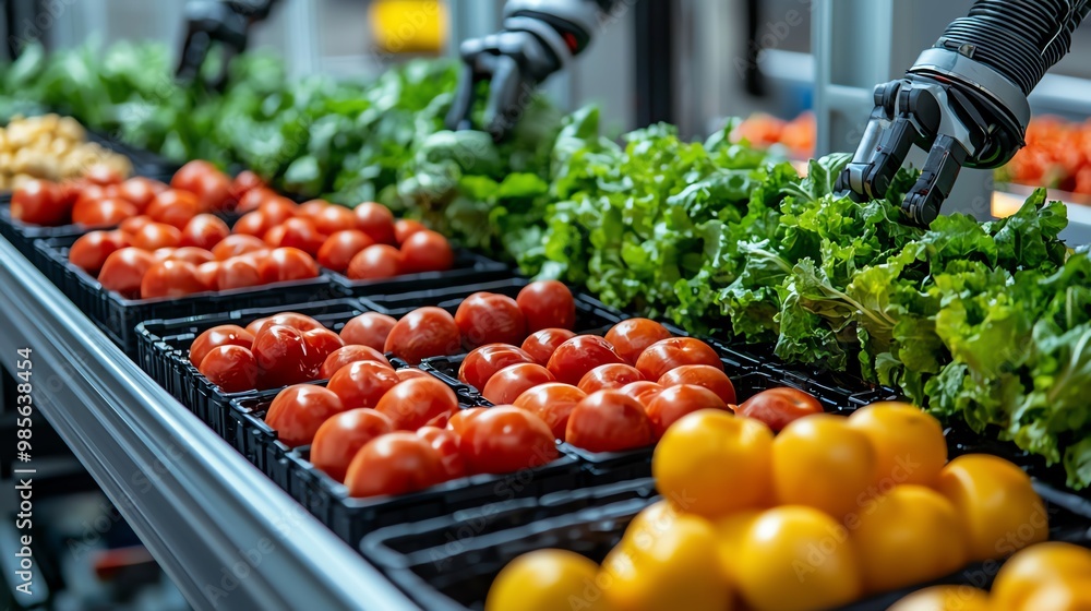 Automated robotic arms packaging freshly harvested vegetables in a ...