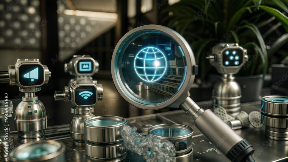 Futuristic Technology Laboratory with AI Robots and Virtual Interface for Global Data Analysis ...