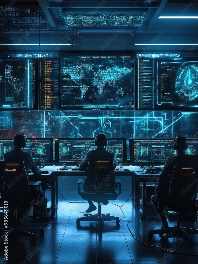 A Network Security Team In A High Tech Control Room Monitoring Screens For Potential Cyber