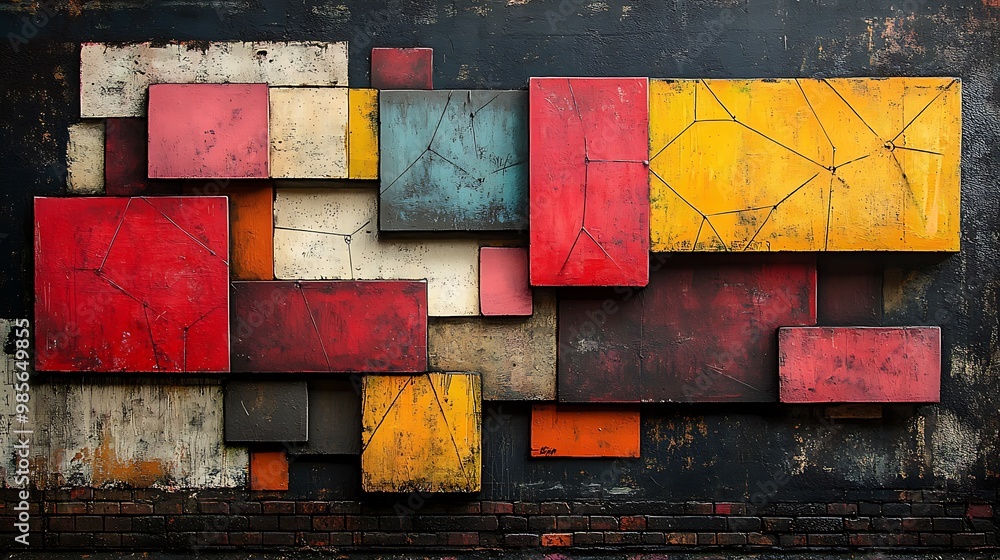 A sprawling urban mosaic of geometric graffiti, bright spray-paint ...
