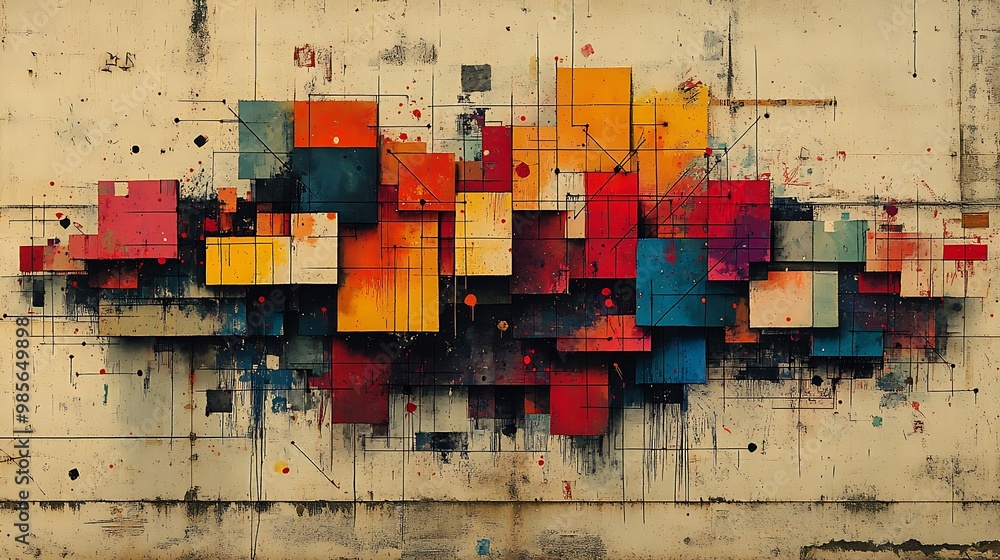 A sprawling urban mosaic of geometric graffiti, bright spray-paint ...