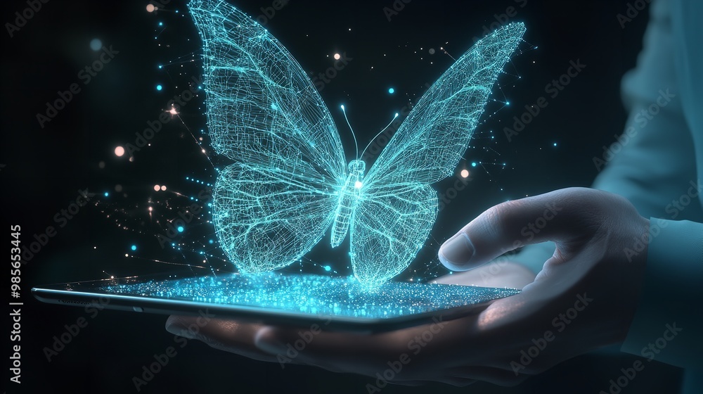 Abstract digital butterfly flying out from tablet computer. The ...