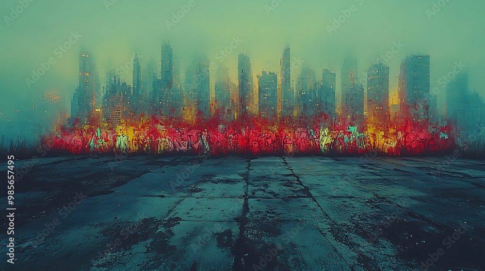 Chaotic graffiti echoes layered over a rough concrete surface, bright ...