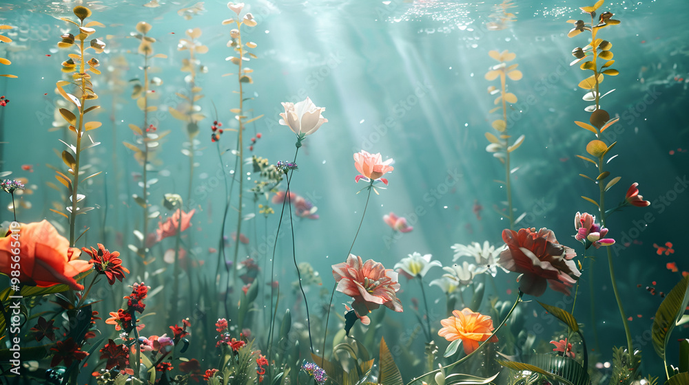 Magical forest scene with colorful wildflowers and soft sunlight ...