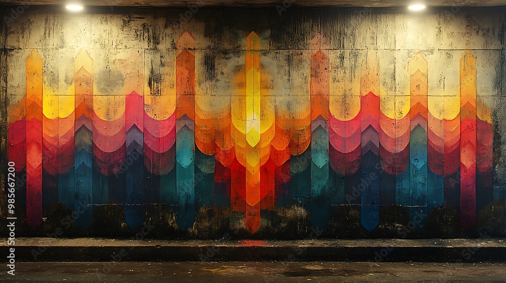 Repeating graffiti designs layered with digital distortions on a rough ...