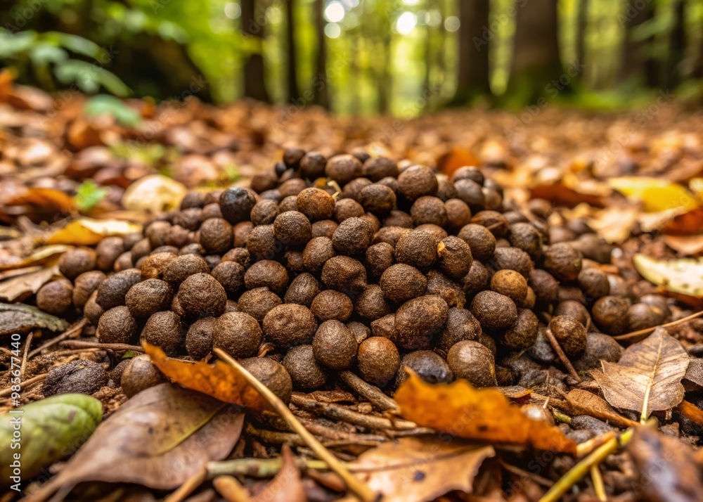 * Clusters of brown raccoon feces litter the woodland floor, small and ...