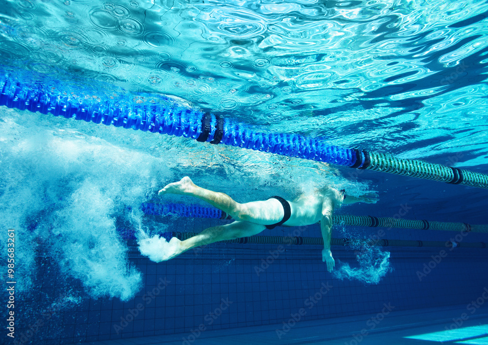 Underwater, race and person in pool, swimming and training for ...