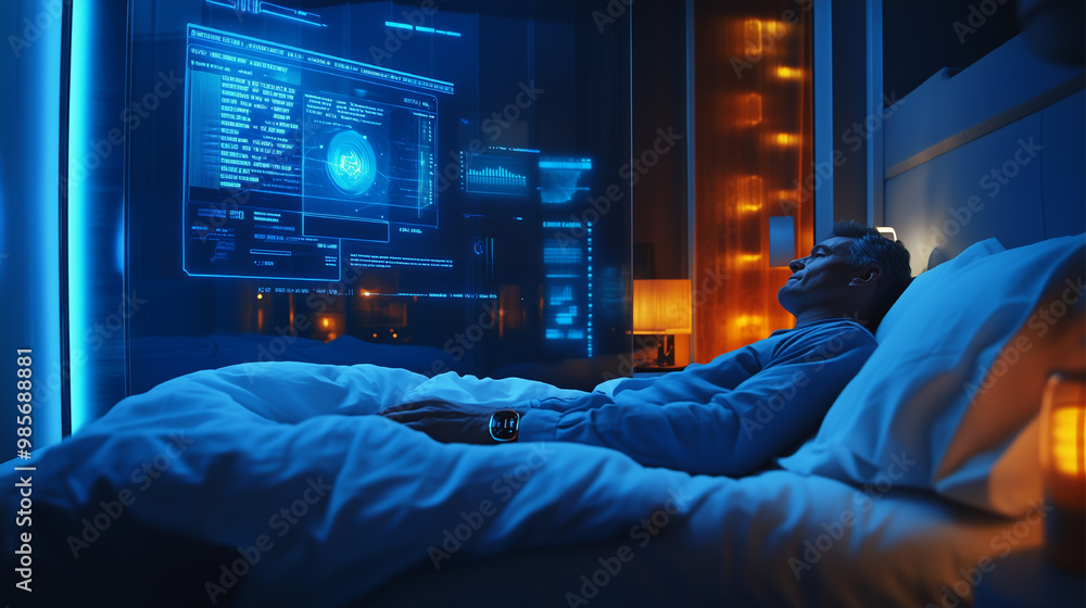 A man is sleeping in bed with a computer monitor on his chest. The ...