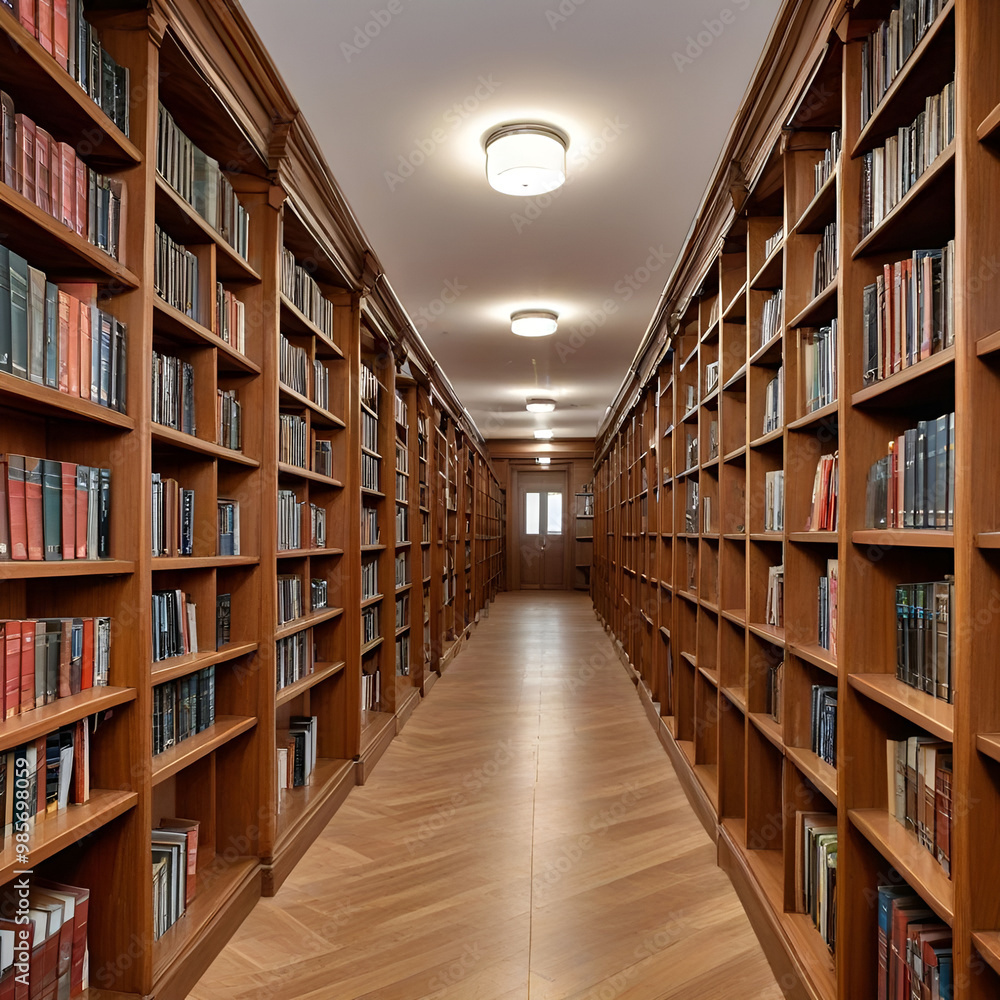 A long, narrow library aisle lined with towering wooden bookshelves ...