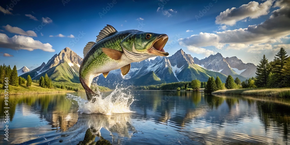 Largemouth bass fish leaping from a lake with a scenic background of ...