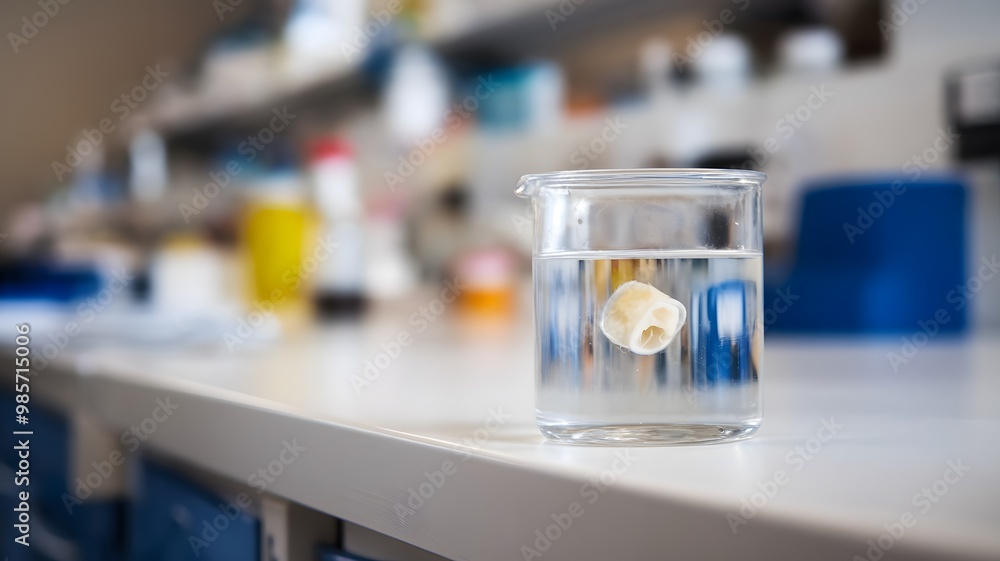 Close-up of glass beaker with clear liquid and floating indicator ...