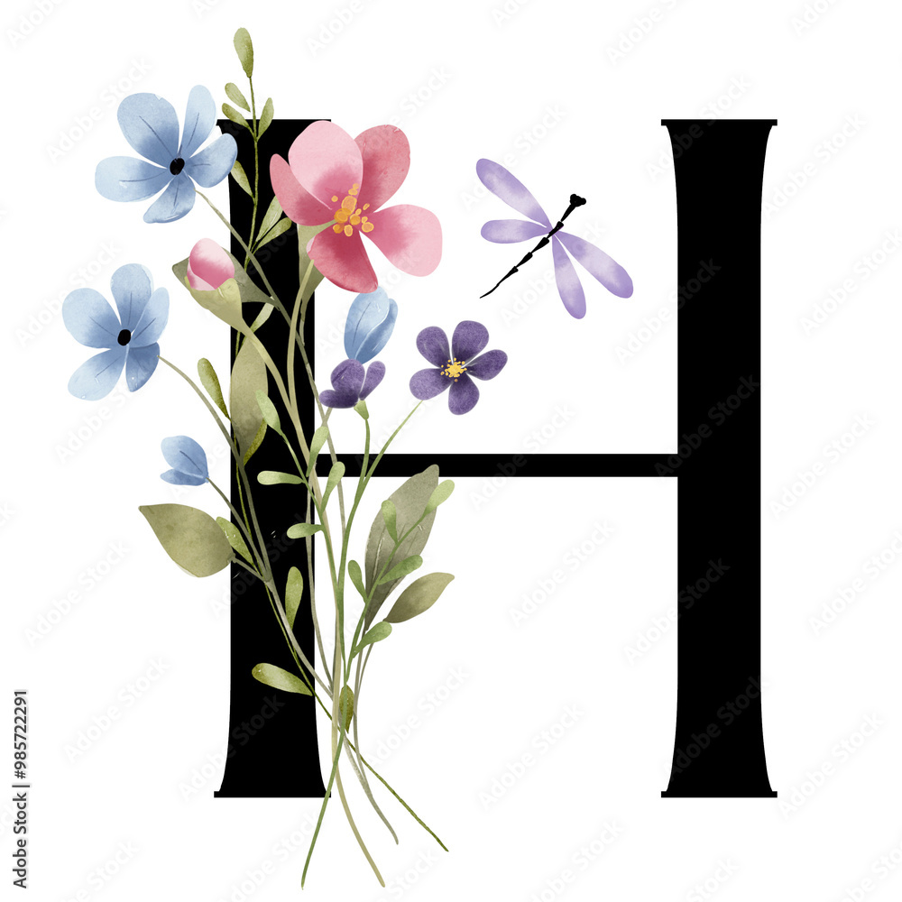 Monogram H, floral letter with watercolor flowers and leaves ...