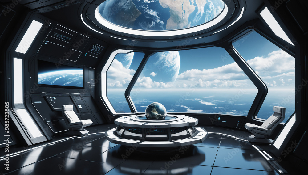 Cosmic Command Center: A futuristic spaceship interior with panoramic ...