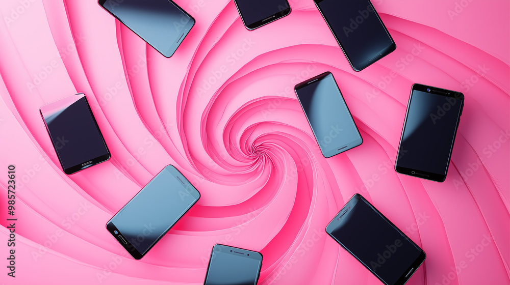 A pink background with many cell phones flying through the air. The ...