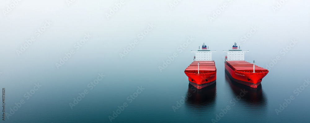 Cargo ships stuck at a harbor due to trade restrictions, foggy horizon ...