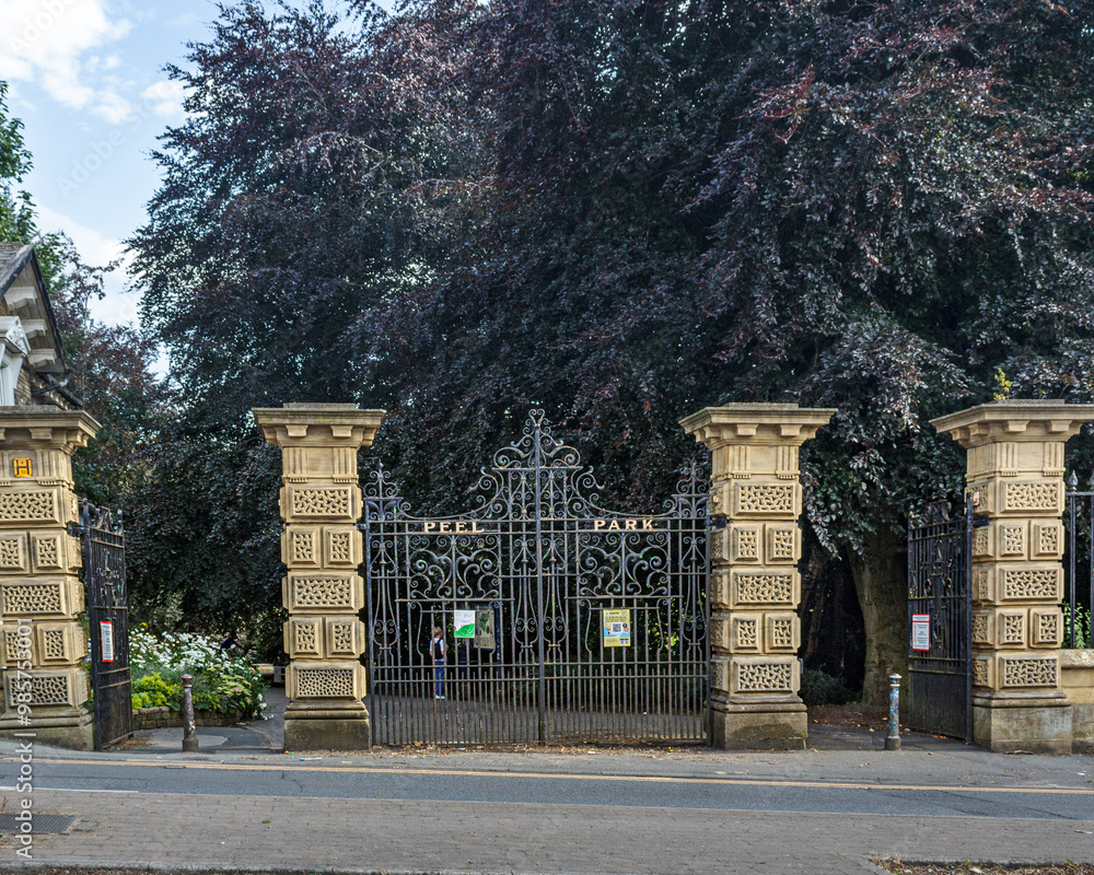 The impressive ornate wrought iron gate at the entry to Peel Park which ...