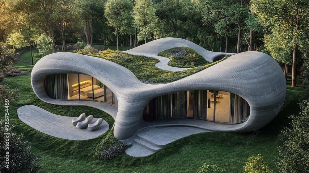 A futuristic 3D-printed home, a modern 3D-printed home, sustainable 3D ...