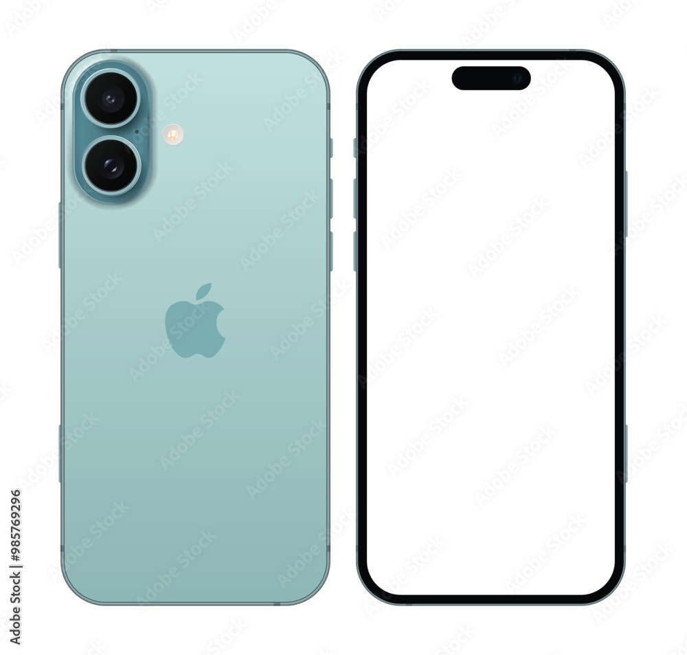 Set of Smart phone Apple iPhone 16 in different sides, in official Teal ...