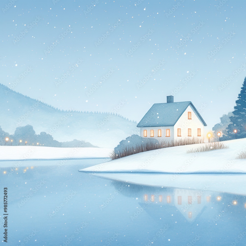 Sparkling frozen lake in a winter wonderland, reflecting Christmas ...