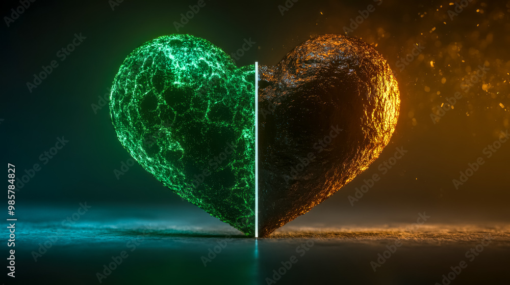 Heart split in two showing digital and biological halves glowing with ...