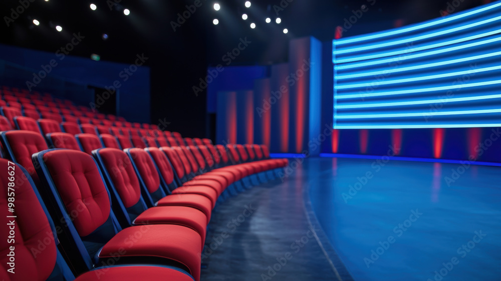 Empty game show studio with red seats and blue lighting A game show ...