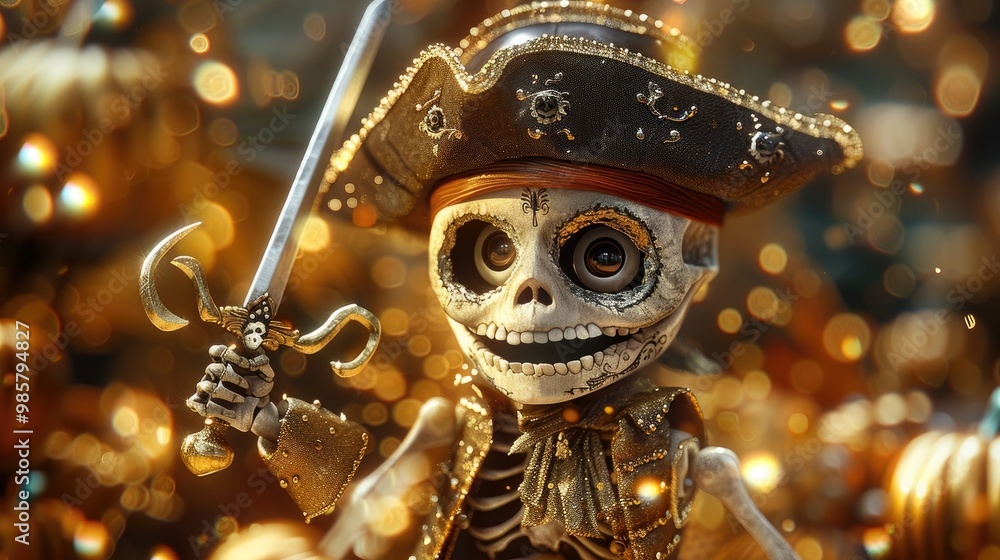 Ornate skeleton figurine dressed as a pirate wearing an elaborate ...